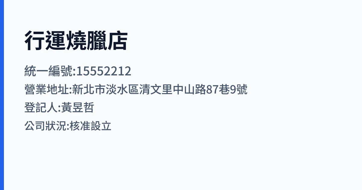 行運燒臘店 - 統編 15552212(新北市) 公司登記資料與營業項目詳細圖表