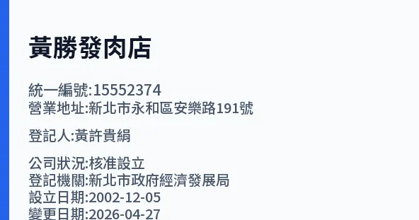 黃勝發肉店的照片-統編 15552374(新北市) 公司登記資料與營業項目詳細圖表