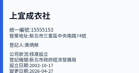 上宜成衣社的照片-統編 15555153(新北市) 公司登記資料與營業項目詳細圖表