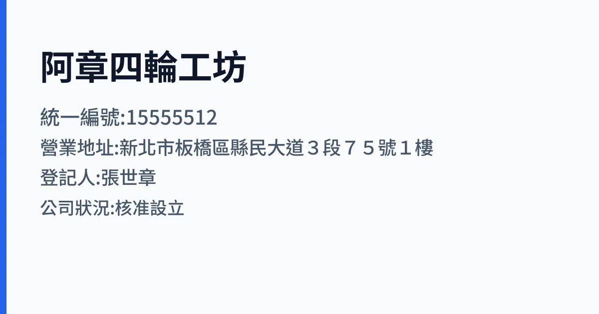 阿章四輪工坊 - 統編 15555512(新北市) 公司登記資料與營業項目詳細圖表