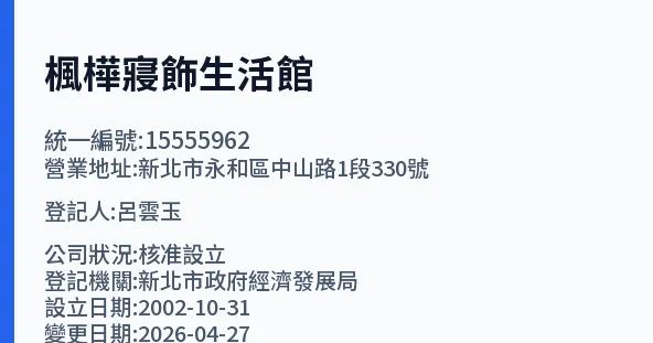 楓樺寢飾生活館的照片-統編 15555962(新北市) 公司登記資料與營業項目詳細圖表
