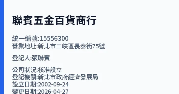 聯賓五金百貨商行的照片-統編 15556300(新北市) 公司登記資料與營業項目詳細圖表
