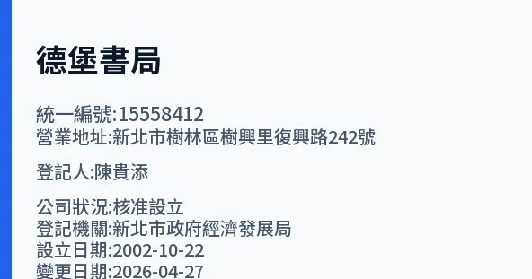 德堡書局的照片-統編 15558412(新北市) 公司登記資料與營業項目詳細圖表