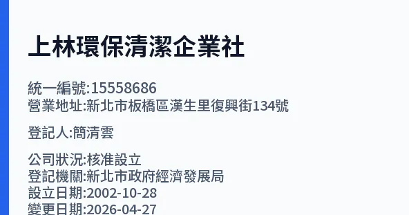 上林環保清潔企業社的照片-統編 15558686(新北市) 公司登記資料與營業項目詳細圖表