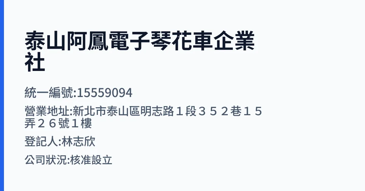 泰山阿鳳電子琴花車企業社 - 統編 15559094(新北市) 公司登記資料與營業項目詳細圖表