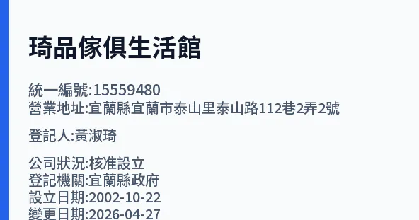 琦品傢俱生活館的照片-統編 15559480(宜蘭縣) 公司登記資料與營業項目詳細圖表