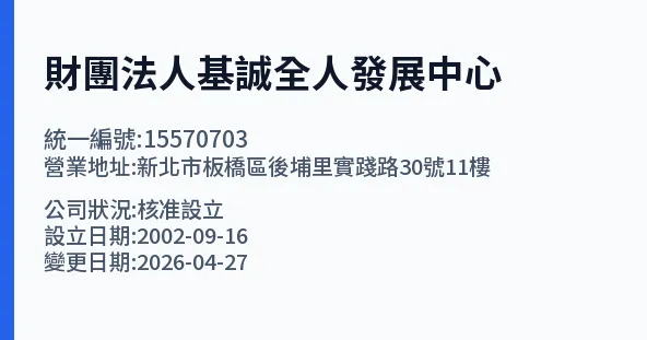 財團法人基誠全人發展中心的照片-統編 15570703(新北市) 公司登記資料與營業項目詳細圖表