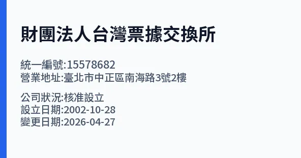 財團法人台灣票據交換所的照片-統編 15578682(臺北市) 公司登記資料與營業項目詳細圖表