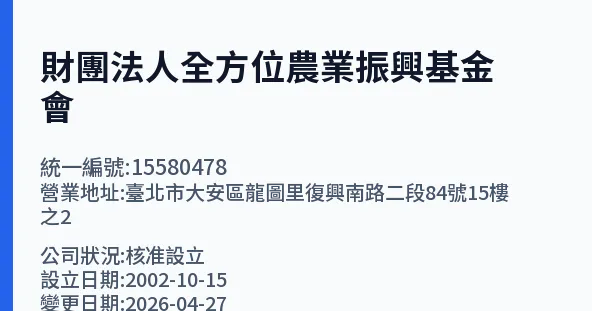 財團法人全方位農業振興基金會的照片-統編 15580478(臺北市) 公司登記資料與營業項目詳細圖表