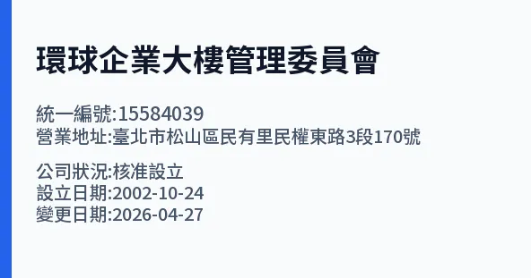 環球企業大樓管理委員會的照片-統編 15584039(臺北市) 公司登記資料與營業項目詳細圖表