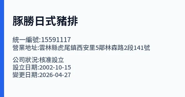 豚勝日式豬排的照片-統編 15591117(雲林縣) 公司登記資料與營業項目詳細圖表