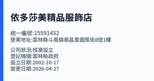 依多莎美精品服飾店的照片-統編 15591432(雲林縣) 公司登記資料與營業項目詳細圖表