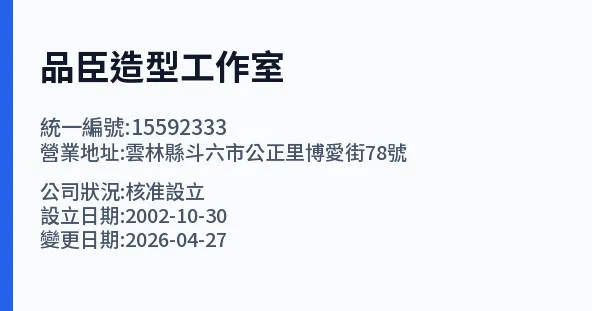 品臣造型工作室的照片-統編 15592333(雲林縣) 公司登記資料與營業項目詳細圖表