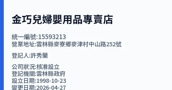 金巧兒婦嬰用品專賣店的照片-統編 15593213(雲林縣) 公司登記資料與營業項目詳細圖表