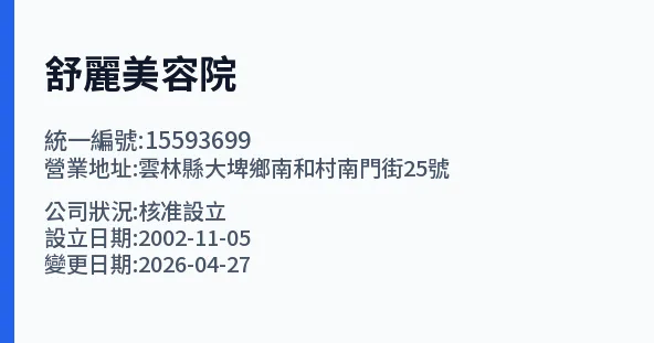 舒麗美容院的照片-統編 15593699(雲林縣) 公司登記資料與營業項目詳細圖表