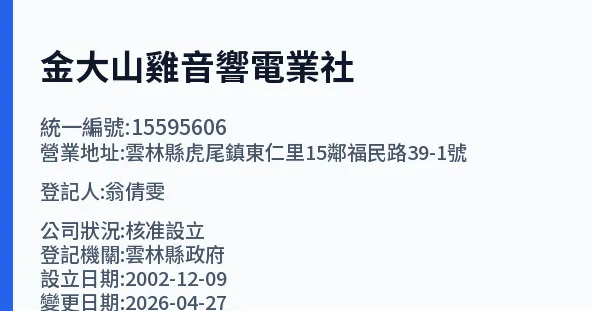 金大山雞音響電業社的照片-統編 15595606(雲林縣) 公司登記資料與營業項目詳細圖表