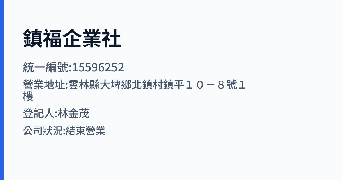 鎮福企業社 - 統編 15596252(雲林縣) 公司登記資料與營業項目詳細圖表