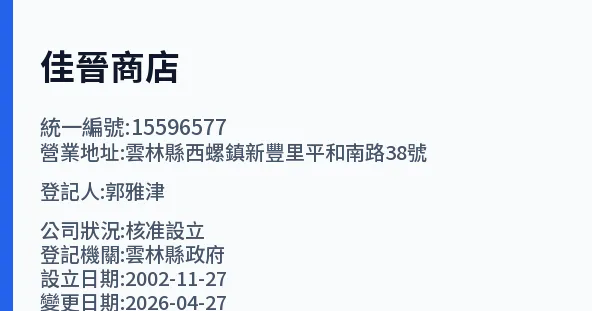 佳晉商店的照片-統編 15596577(雲林縣) 公司登記資料與營業項目詳細圖表