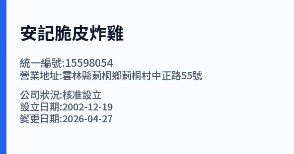 安記脆皮炸雞的照片-統編 15598054(雲林縣) 公司登記資料與營業項目詳細圖表