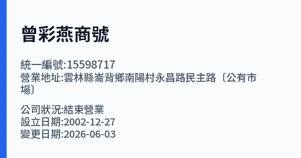 曾彩燕商號的照片-統編 15598717(雲林縣) 公司登記資料與營業項目詳細圖表