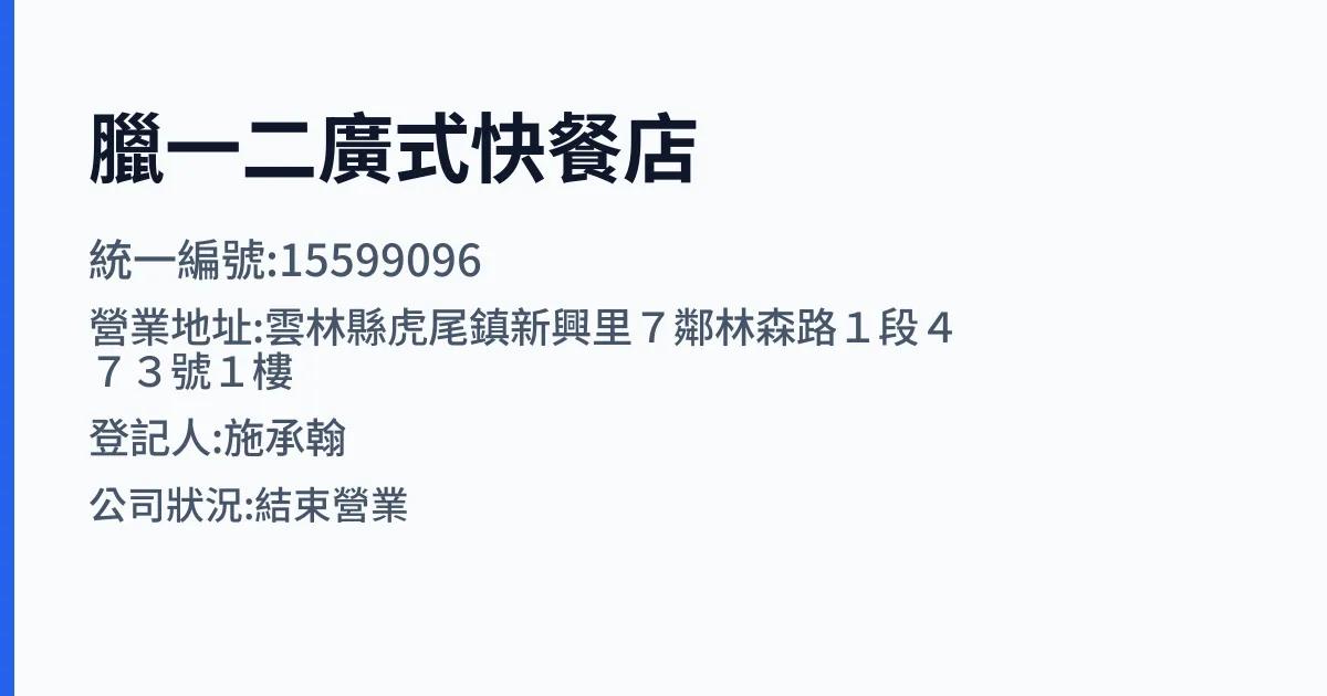臘一二廣式快餐店 - 統編 15599096(雲林縣) 公司登記資料與營業項目詳細圖表