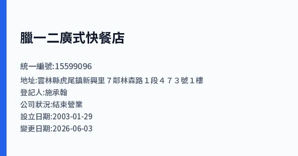 臘一二廣式快餐店的照片-統編 15599096(雲林縣) 公司登記資料與營業項目詳細圖表