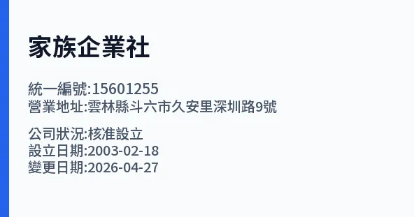 家族企業社的照片-統編 15601255(雲林縣) 公司登記資料與營業項目詳細圖表