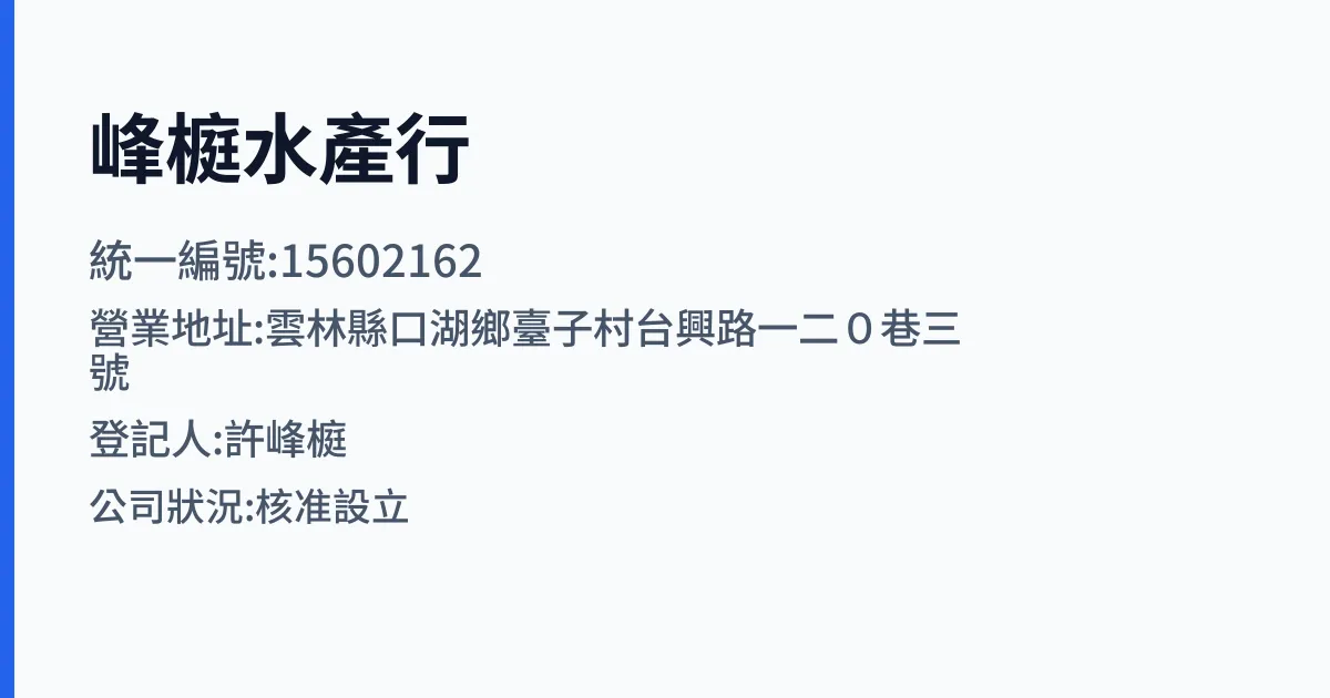 峰榳水產行 - 統編 15602162(雲林縣) 公司登記資料與營業項目詳細圖表
