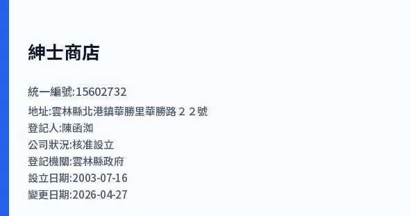 紳士商店的照片-統編 15602732(雲林縣) 公司登記資料與營業項目詳細圖表