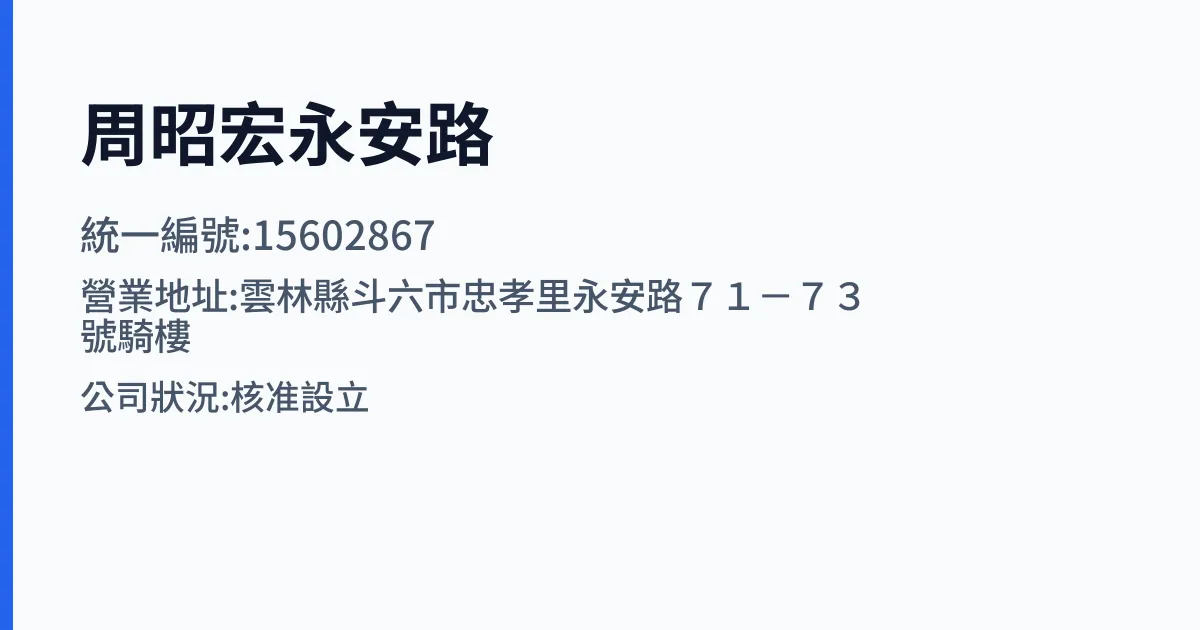 周昭宏永安路 - 統編 15602867(雲林縣) 公司登記資料與營業項目詳細圖表
