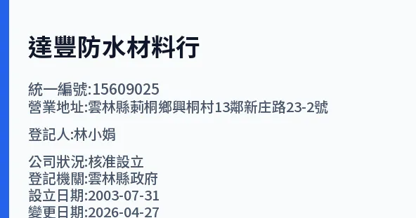 達豐防水材料行的照片-統編 15609025(雲林縣) 公司登記資料與營業項目詳細圖表