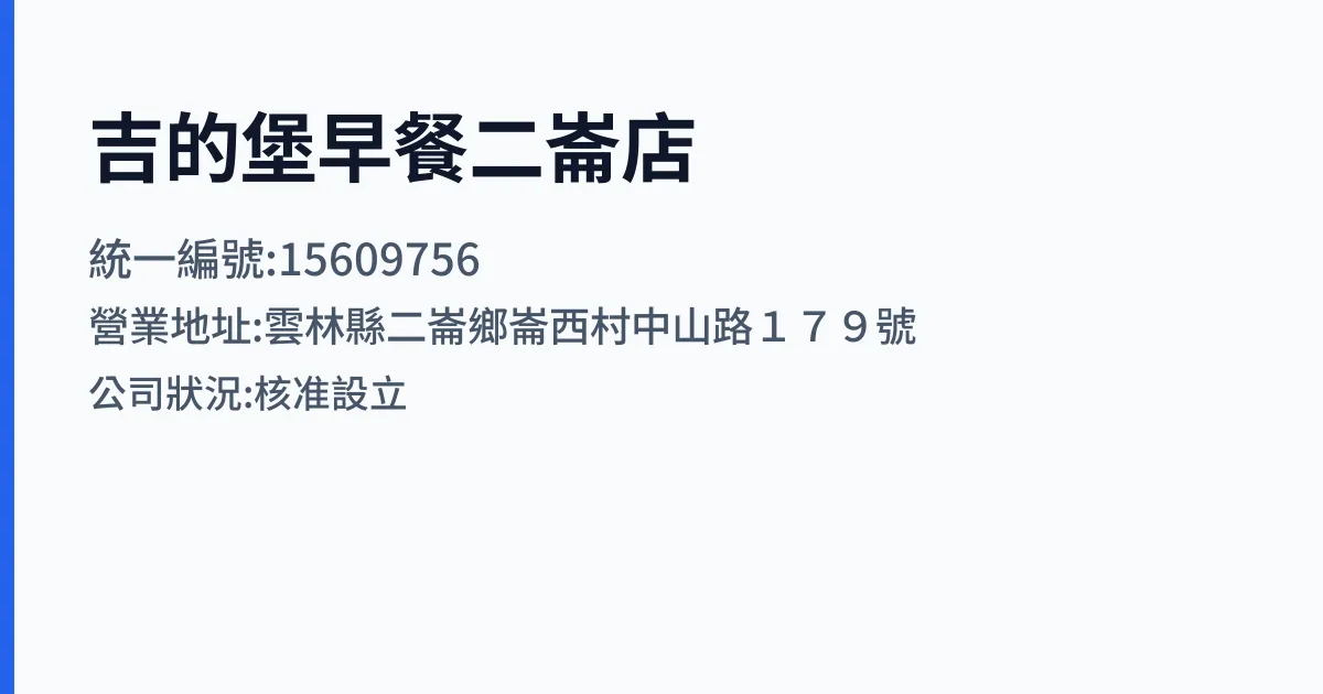 吉的堡早餐二崙店 - 統編 15609756(雲林縣) 公司登記資料與營業項目詳細圖表