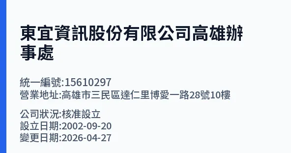 東宜資訊股份有限公司高雄辦事處的照片-統編 15610297(高雄市) 公司登記資料與營業項目詳細圖表