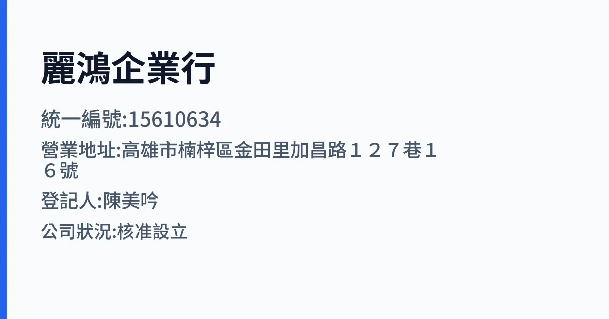 麗鴻企業行 - 統編 15610634(高雄市) 公司登記資料與營業項目詳細圖表