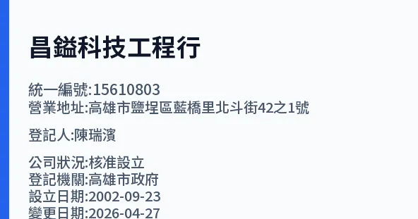 昌鎰科技工程行的照片-統編 15610803(高雄市) 公司登記資料與營業項目詳細圖表