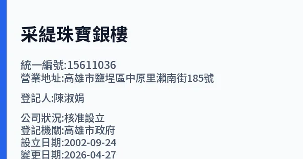 采緹珠寶銀樓的照片-統編 15611036(高雄市) 公司登記資料與營業項目詳細圖表