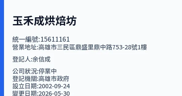 玉禾成烘焙坊的照片-統編 15611161(高雄市) 公司登記資料與營業項目詳細圖表