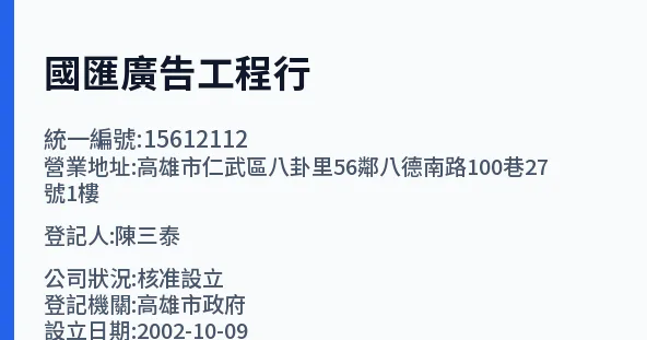 國匯廣告工程行的照片-統編 15612112(高雄市) 公司登記資料與營業項目詳細圖表
