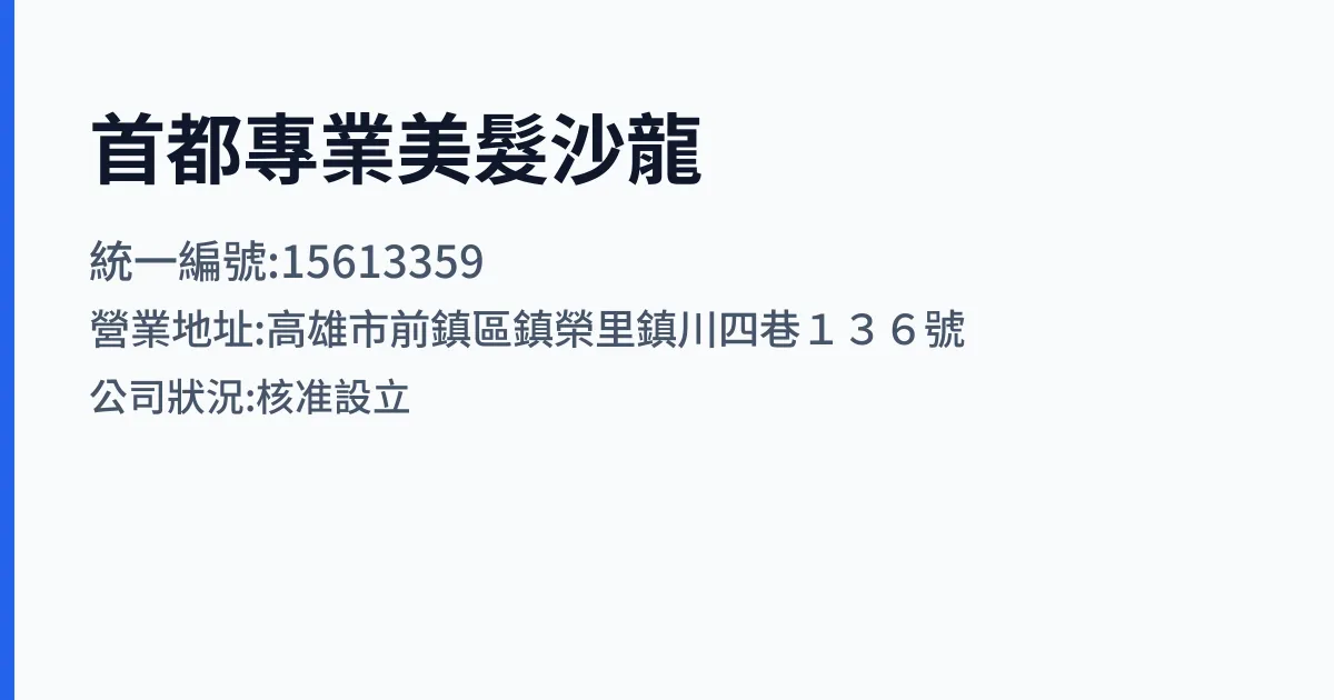 首都專業美髮沙龍 - 統編 15613359(高雄市) 公司登記資料與營業項目詳細圖表
