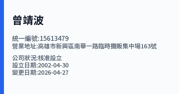 曾靖波的照片-統編 15613479(高雄市) 公司登記資料與營業項目詳細圖表