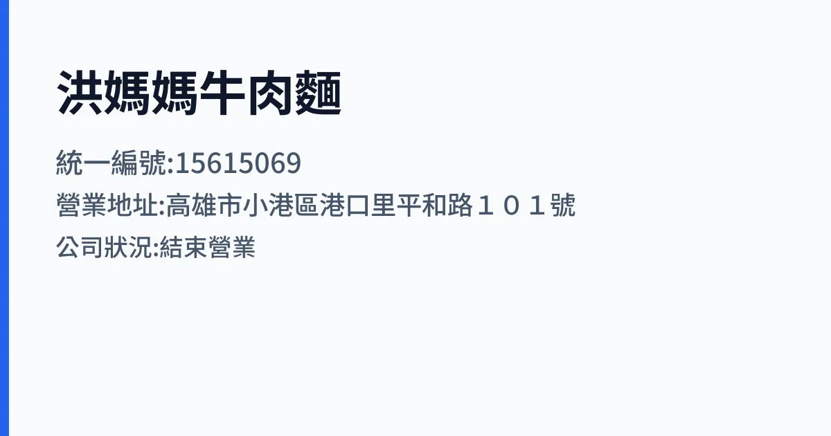 洪媽媽牛肉麵 - 統編 15615069(高雄市) 公司登記資料與營業項目詳細圖表