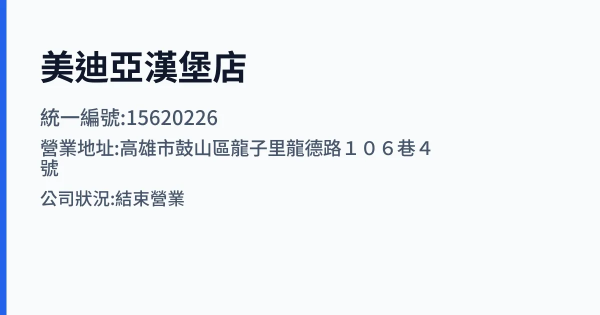 美迪亞漢堡店 - 統編 15620226(高雄市) 公司登記資料與營業項目詳細圖表