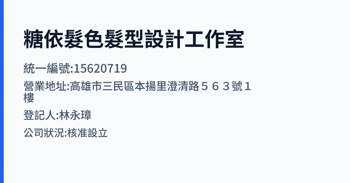 糖依髮色髮型設計工作室 - 統編 15620719(高雄市) 公司登記資料與營業項目詳細圖表