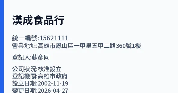 漢成食品行的照片-統編 15621111(高雄市) 公司登記資料與營業項目詳細圖表