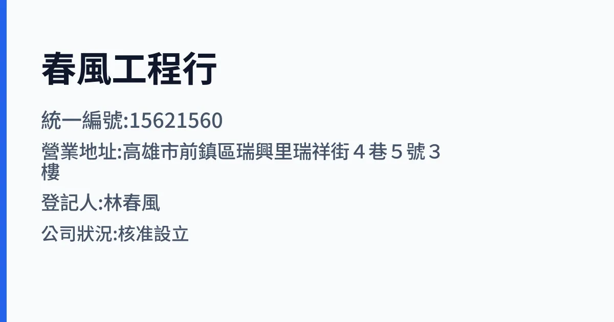 春風工程行 - 統編 15621560(高雄市) 公司登記資料與營業項目詳細圖表