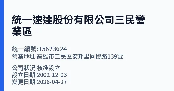 統一速達股份有限公司三民營業區的照片-統編 15623624(高雄市) 公司登記資料與營業項目詳細圖表