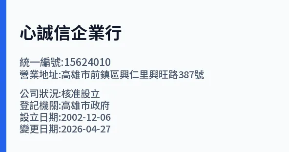 心誠信企業行的照片-統編 15624010(高雄市) 公司登記資料與營業項目詳細圖表