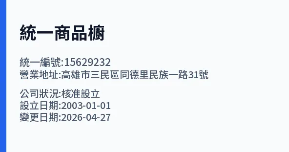 統一商品櫥的照片-統編 15629232(高雄市) 公司登記資料與營業項目詳細圖表