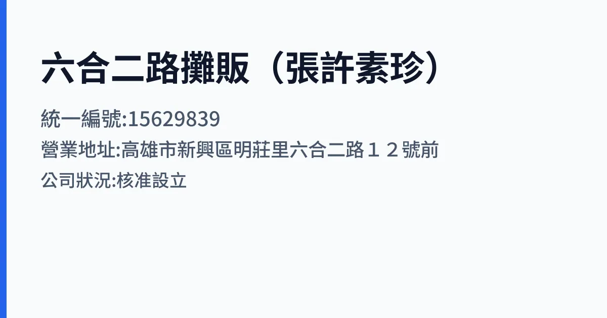 六合二路攤販（張許素珍） - 統編 15629839(高雄市) 公司登記資料與營業項目詳細圖表