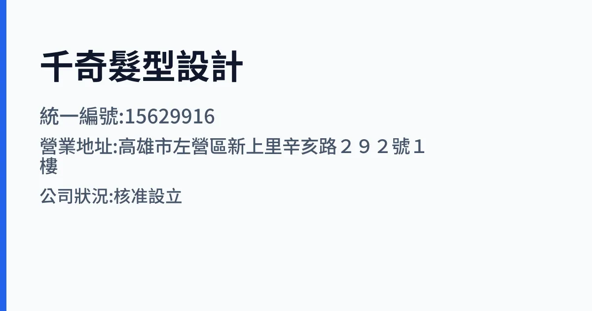千奇髮型設計 - 統編 15629916(高雄市) 公司登記資料與營業項目詳細圖表